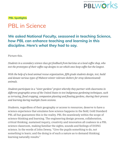 PBL Spotlights: PBL in Science | MyPBLWorks
