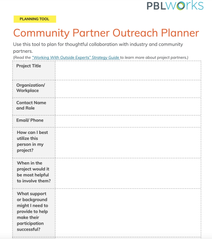 Community Partner Outreach Planner | MyPBLWorks